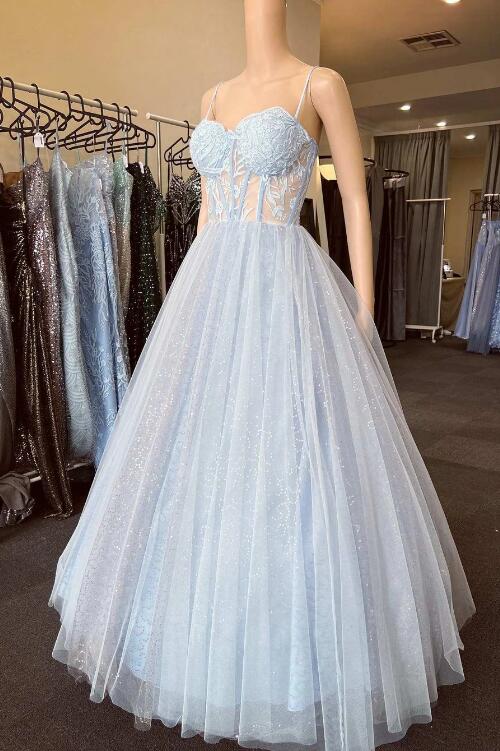 Light Blue Floral Lace Sweetheart A-line Prom Dress on Luulla