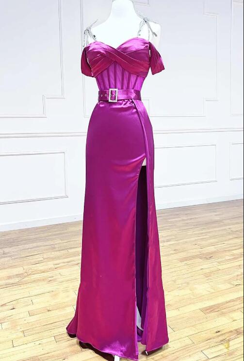 Magenta Sweetheart Belted Sheath Prom Dress With Slit on Luulla