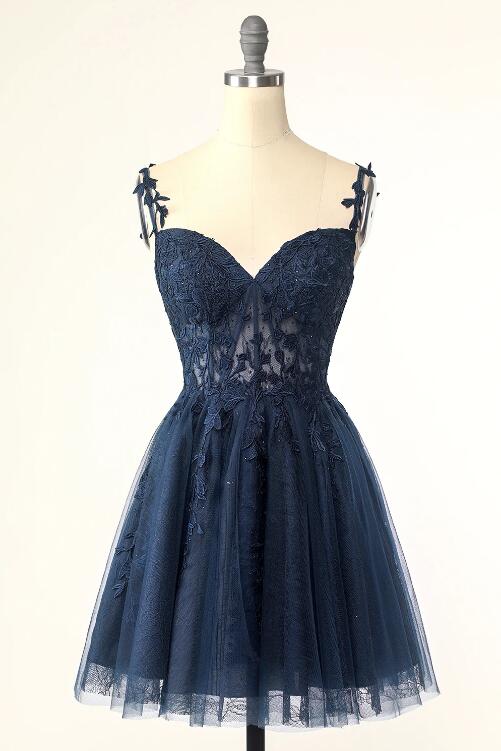 Navy Spaghetti Straps Short Graduation Dress With Appliques on Luulla