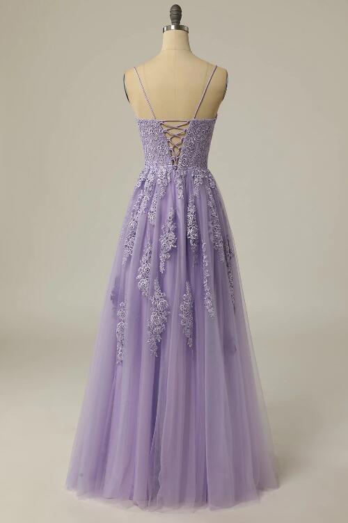 A Line Strapless Light Purple Long Prom Dress With Appliques on Luulla