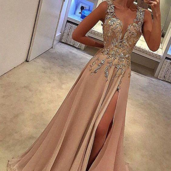 Sexy Deep V Neck Prom Dresses With Split Side Appliques Prom Gowns on ...