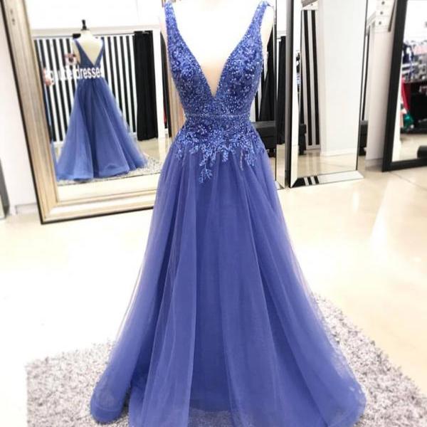 2018 Gorgeous V Neck Long Prom Dress Evening Dress,tulle Prom Dress ...