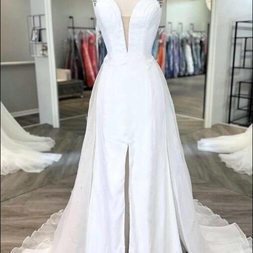 White Strapless Beaded A-line Pageant Dress With Attached Train on Luulla