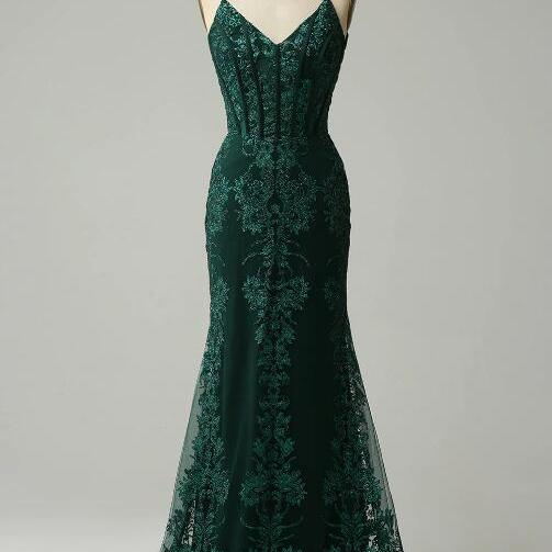 Mermaid Spaghetti Straps Peacock Green Prom Dress With Appliques on Luulla
