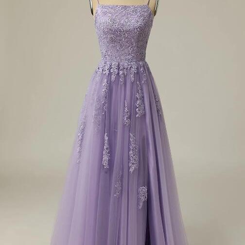 A Line Strapless Light Purple Long Prom Dress With Appliques on Luulla