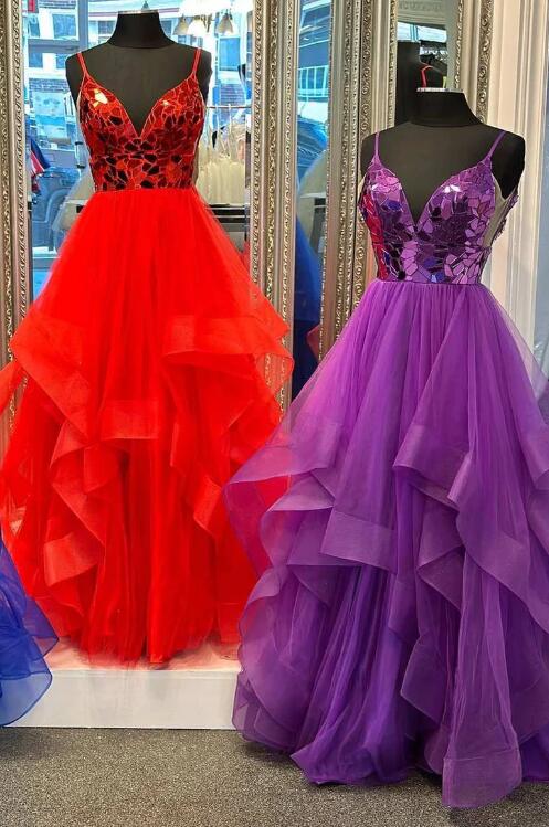 Cut Glass Mirror V-neck Layers A-line Long Prom Dress on Luulla