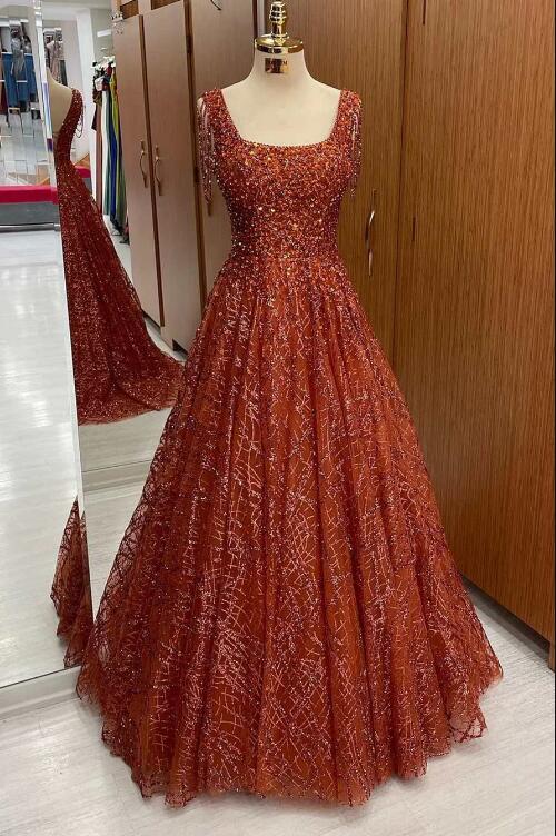 Rust Sequin Beaded Square Neck A-line Prom Dress With Fringes on Luulla