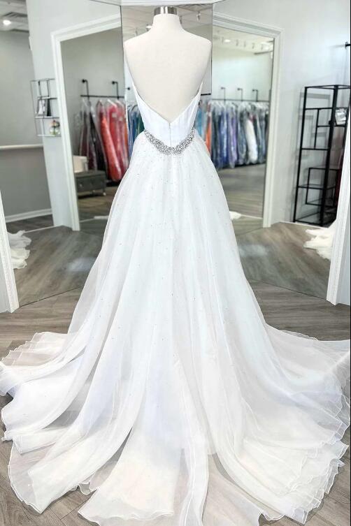 White Strapless Beaded A-line Pageant Dress With Attached Train on Luulla