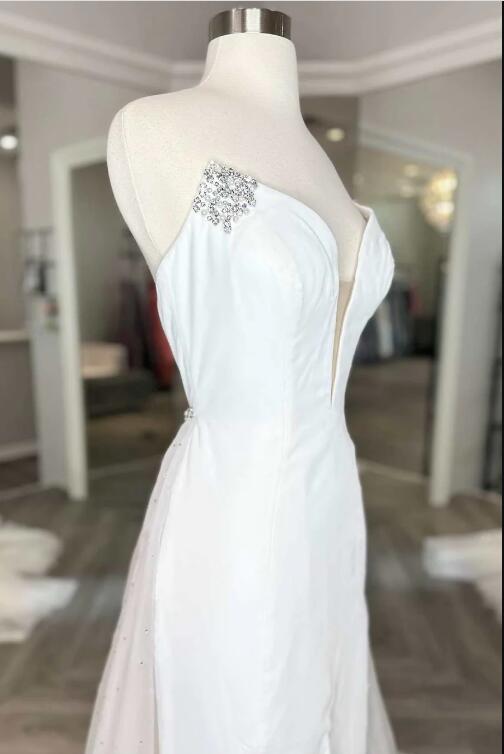 White Strapless Beaded A-line Pageant Dress With Attached Train on Luulla