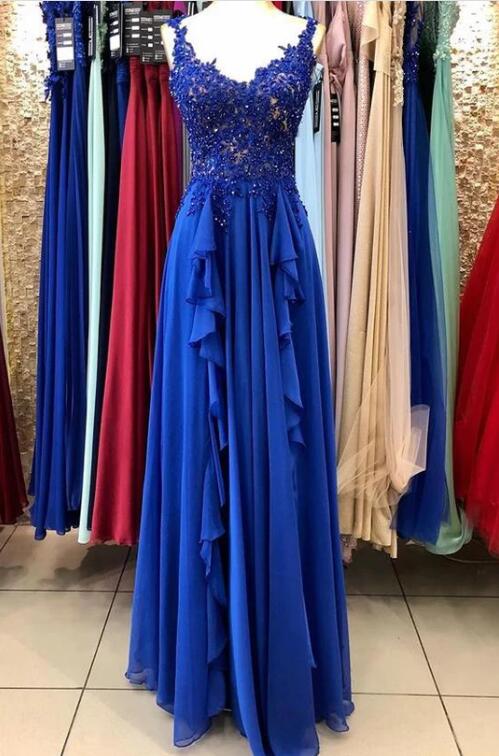 Pleated Royal Blue Appliqués Beaded Ruffled Prom Dress on Luulla
